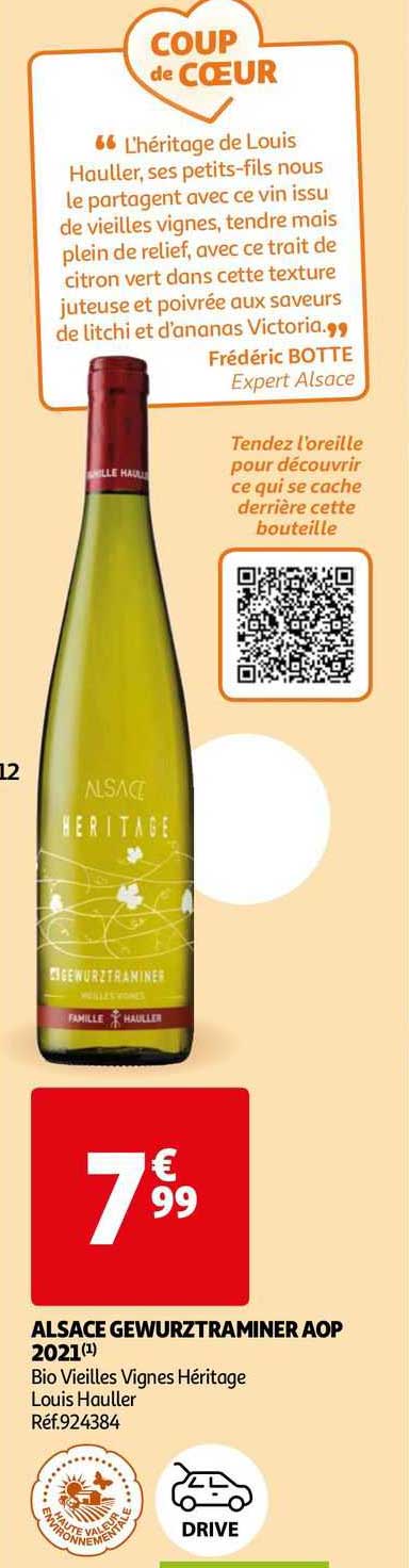 Promo Alsace Gewurztraminer Aop 2021 Bio Vieilles Vignes Héritage Louis Hauller chez Auchan ...