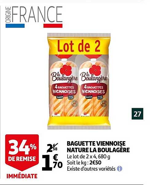 Promo Baguette Viennoise Nature La Boulangère chez Auchan - iCatalogue.fr