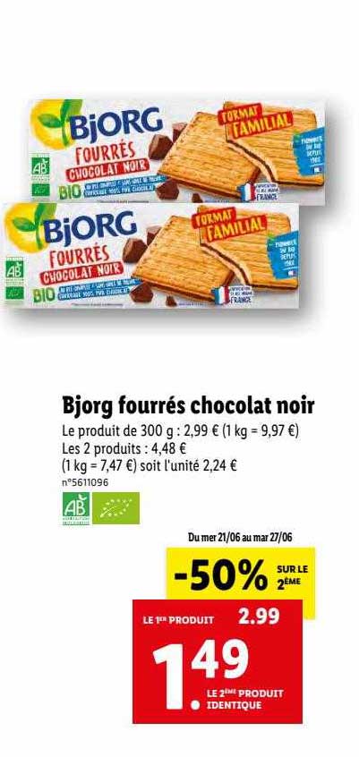 Promo Bjorg Fourrés Chocolat Noir chez Lidl - iCatalogue.fr