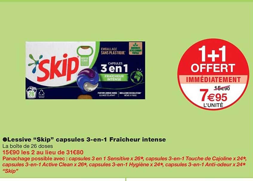 Promo Lessive "skip" Capsules 3-en-1 Fraîcheur Intense chez Monoprix ...