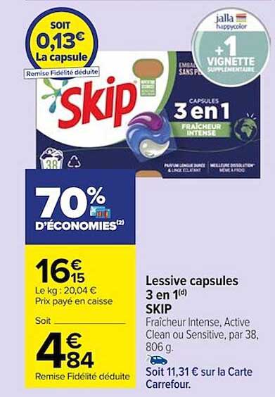 Promo Lessive Capsules 3 En 1 Skip chez Carrefour Market - iCatalogue.fr