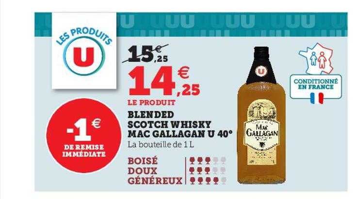 Promo Blended Scotch Whisky Mac Gallagan U 40° chez Hyper U - iCatalogue.fr