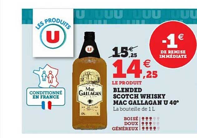 Promo Blended Scotch Whisky Mac Gallagan U 40° chez Hyper U - iCatalogue.fr