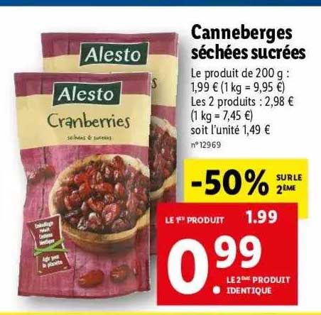 Promo Canneberges Séchées Sucrées Alesto chez Lidl - iCatalogue.fr