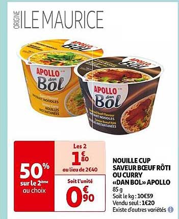 Promo Nouille Cup Saveur Boeuf Rôti Ou Curry «dan Bol» Apollo chez ...