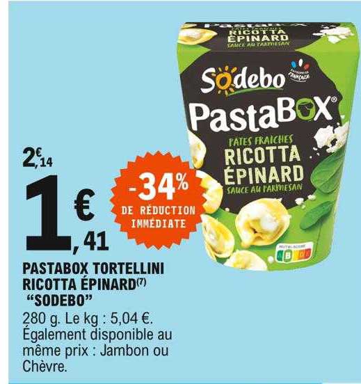 Offre Tortellini Ricotta épinard Sauce Parmesan Pastabox Sodebo chez ...
