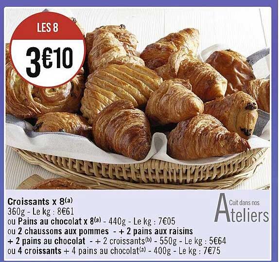 Promo Croissant X 8 Ou Pains Au Chocolat X 8 Ou 2 Chaussons Aux Pommes ...