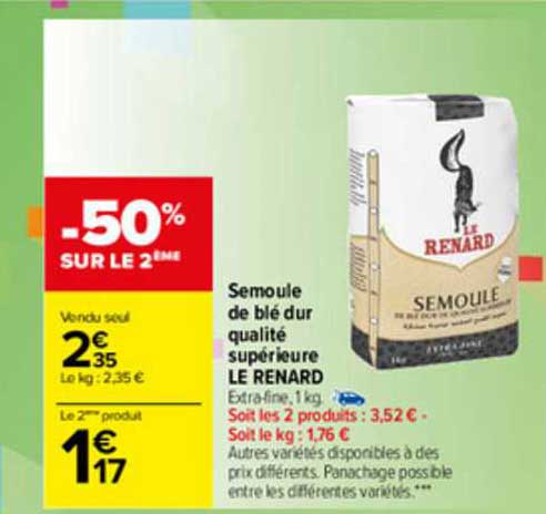 Offre Semoule De Blé Dur Qualité Supérieur Le Renard chez Carrefour Market
