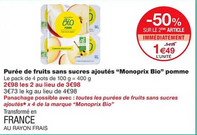 Promo Purée De Fruits Sans Sucres Ajoutés "monoprix Bio" Pomme chez ...