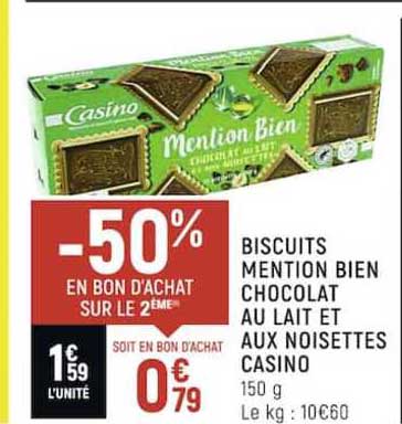 Promo Biscuits Mention Bien Chocolat Au Lait Et Aux Noisettes Casino ...