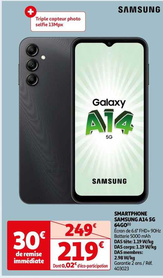 Promo Smartphone Samsung A14 5g 64go chez Auchan - iCatalogue.fr