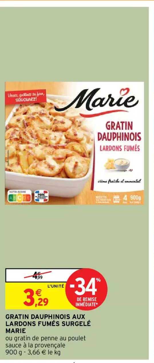 Promo Gratin Dauphinois Aux Lardons Fumés Surgelé Marie chez ...