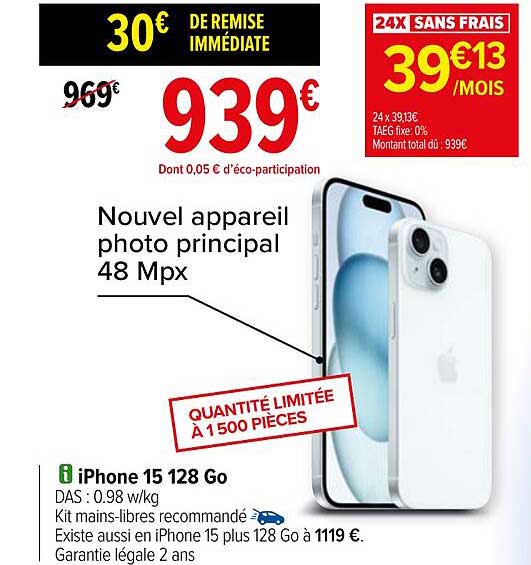 Promo IPhone 15 128 Go chez Carrefour - iCatalogue.fr