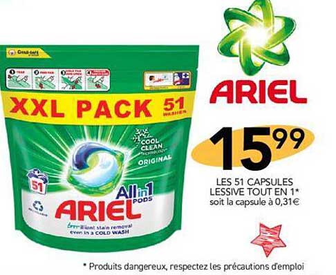 Promo Les 51 Capsules Lessive Tout En 1 Ariel chez Stokomani ...