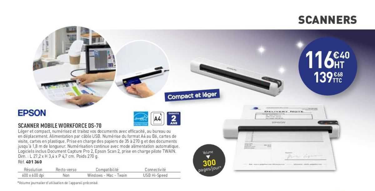 Promo Scanner Mobile Workforce Ds-70 Epson chez Hyperburo - iCatalogue.fr