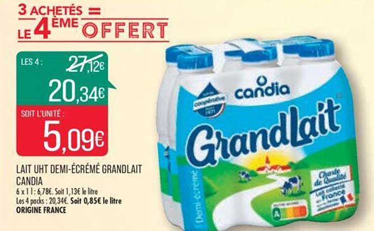 Offre Lait Uht Demi-écrémé Grand Lait Candia chez Match