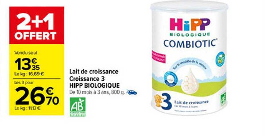 Promo Lait De Croissance Croissance 3 Hipp Biologique chez Carrefour ...