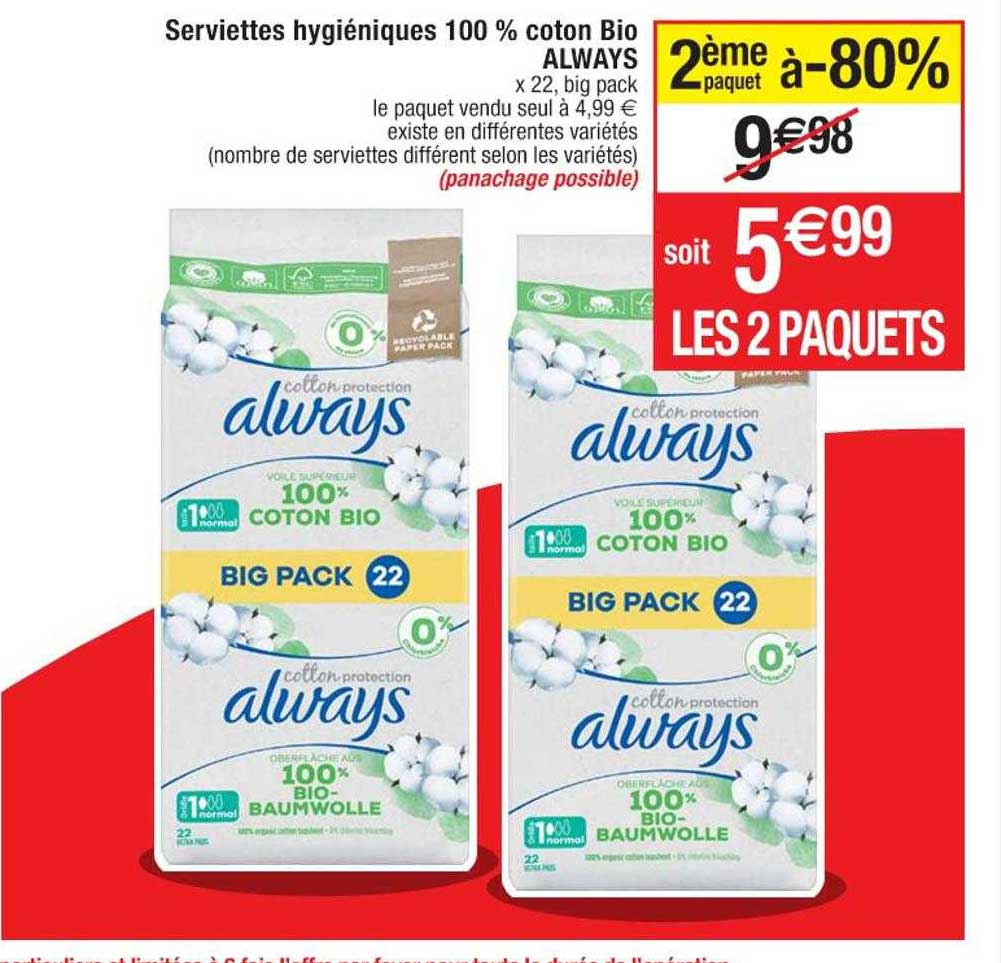 Promo Serviettes Hygiéniques 100% Coton Bio Always chez Cora ...