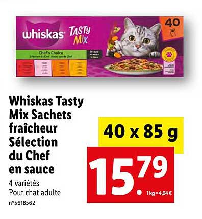 Promo Whiskas Tasty Mix Sachets Fraîcheur Sélection Du Chef En Sauce ...