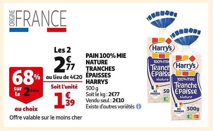 Offre Pain 100% Mie Nature Tranches épaisses Harrys chez Auchan