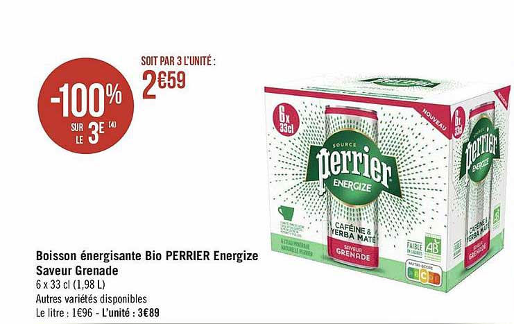 Promo Boisson énergisante Bio Perrier Energize Saveur Grenade chez ...