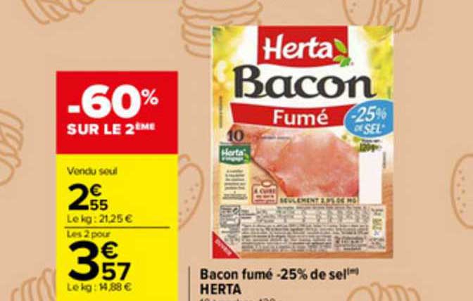 Promo Bacon Fumé -25% De Sel Herta chez Carrefour - iCatalogue.fr