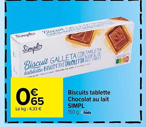 Offre Biscuits Tablette Chocolat Au Lait Simpl chez Carrefour