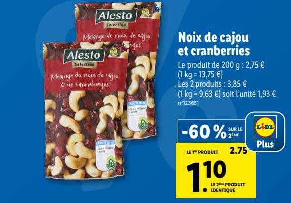 Offre Noix De Cajou Et Cranberries Alesto chez Lidl
