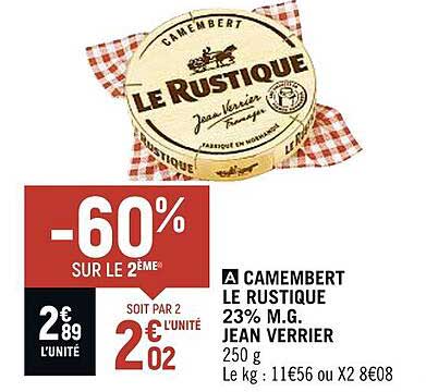 Promo Camembert Le Rustique 23% M.g. Jean Verrier chez Spar - iCatalogue.fr