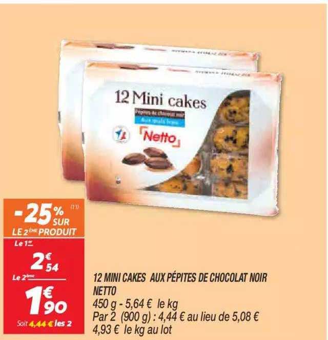 Promo 12 Mini Cakes Aux Pépites De Chocolat Noir Netto chez Netto ...