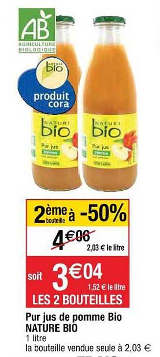 Promo Pur Jus De Pomme Bio Nature Bio Le 2e à -50% chez Cora ...
