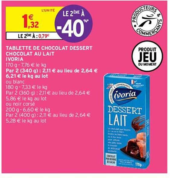Promo Tablette De Chocolat Dessert Chocolat Au Lait Ivoria chez ...