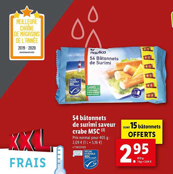 Promo 54 Bâtonnets De Surimi Saveur Crabe Msc Nautica chez Lidl ...
