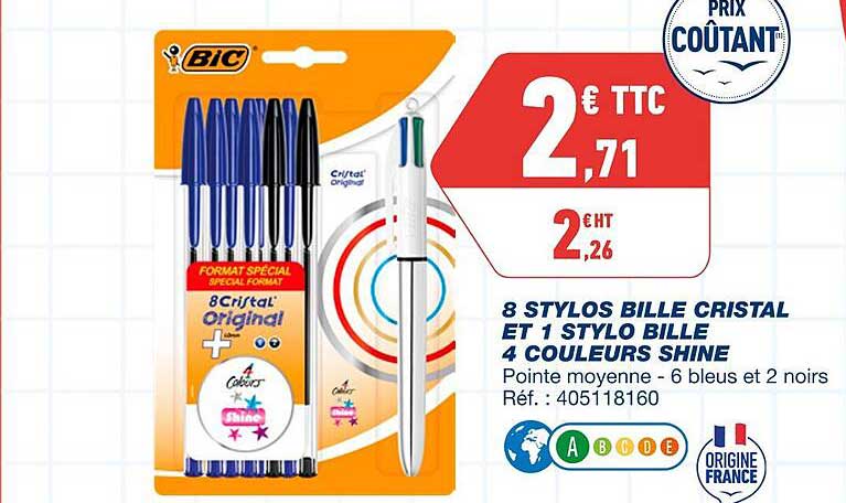 Promo 8 Stylos Bille Crystal Et 1 Stylo Bille 4 Couleurs Shine Bic chez ...