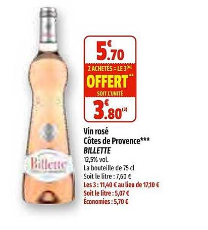 Offre Vin Rosé Côtes De Provence Billette chez Coccinelle Express
