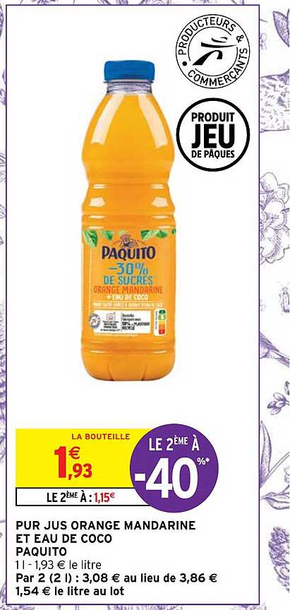 Promo Pur Jus Orange Mandarine Et Eau De Coco Paquito chez Intermarché ...