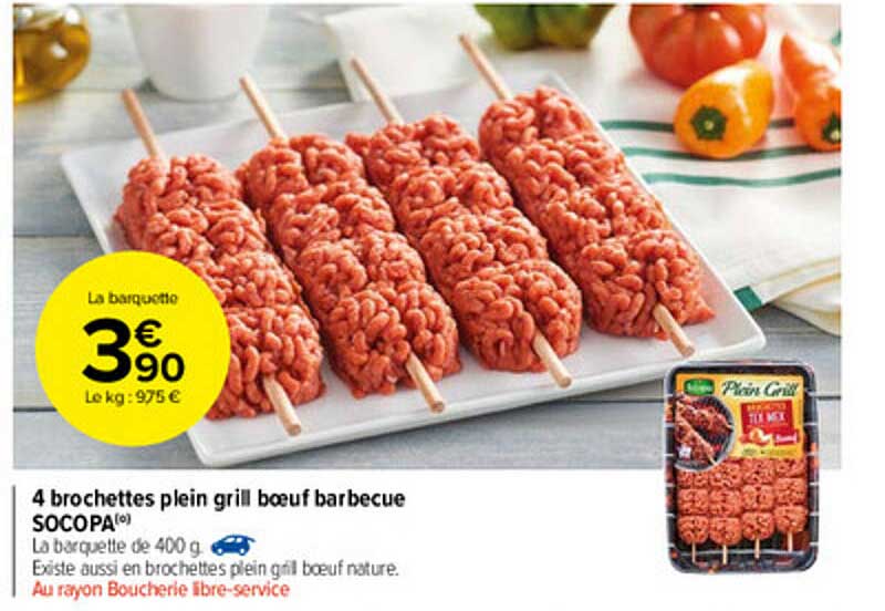 Promo 4 Brochettes Plein Grill Bœuf Barbecue Socopa chez Carrefour ...