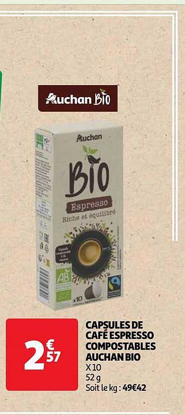Promo Capsules De Café Espresso Compostables Auchan Bio chez Auchan ...