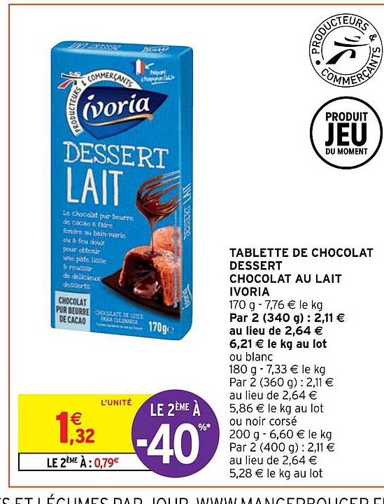 Promo Tablette De Chocolat Dessert Chocolat Au Lait Ivoria chez ...