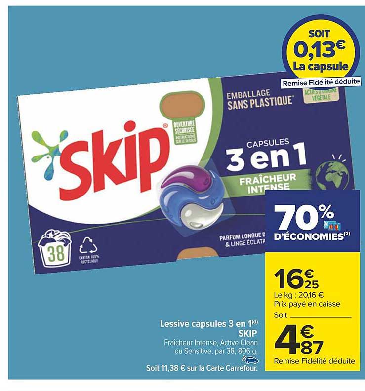 Promo Lessive Capsules 3 En 1 Skip chez Carrefour - iCatalogue.fr