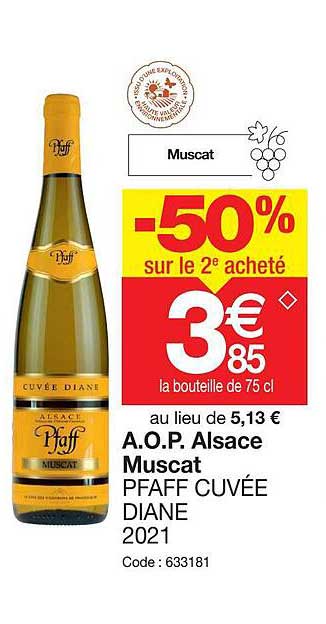 Promo A.o.p. Alsace Muscat Pfaff Cuvée Diane 2021 chez Promocash ...