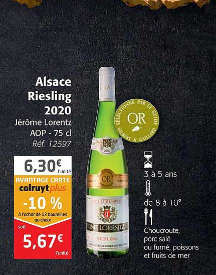 Offre Alsace Riesling 2020 Jérôme Lorentz Aop chez Colruyt