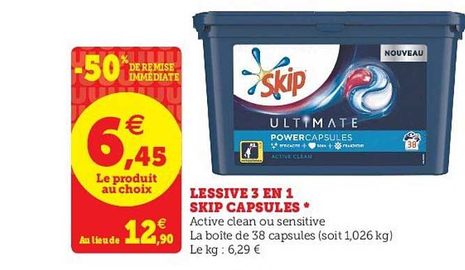 Promo Lessive 3 En 1 Skip Capsules -50% De Remise Immédiate chez U ...