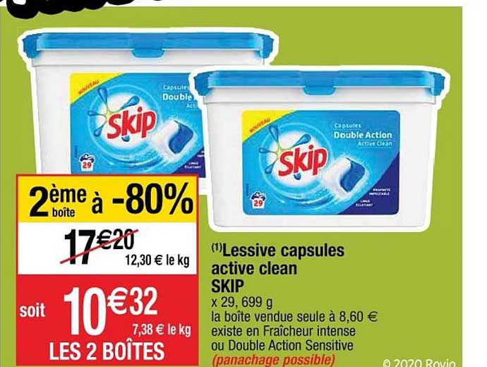 Promo Lessive Capsules Active Clean Skip 2ème Boîte à -80% chez Cora ...
