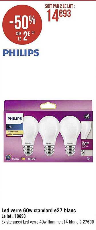 Promo Led Verre 60w Standard E27 Blanc Philips chez Casino Supermarchés - iCatalogue.fr