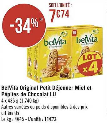 Promo Belvita Original Petit Déjeuner Miel Et Pépites De Chocolat Lu ...