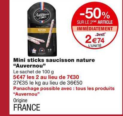 Promo Mini Sticks Saucisson Nature "auvernou" chez Monoprix - iCatalogue.fr