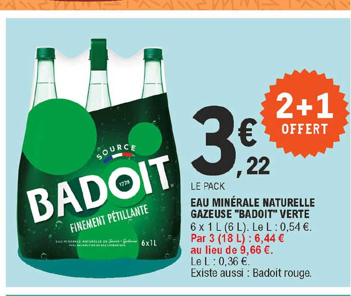 Promo Eau Minérale Naturelle Gazeuse "badoit" Verte chez E.Leclerc ...