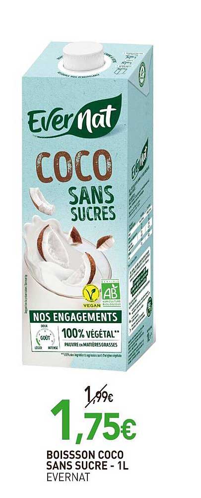 Promo Boisson Coco Sans Sucre Evernat chez NaturéO - iCatalogue.fr