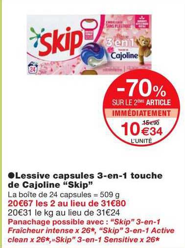 Promo Lessive Capsules 3-en-1 Touche De Cajoline "skip" chez Monoprix ...